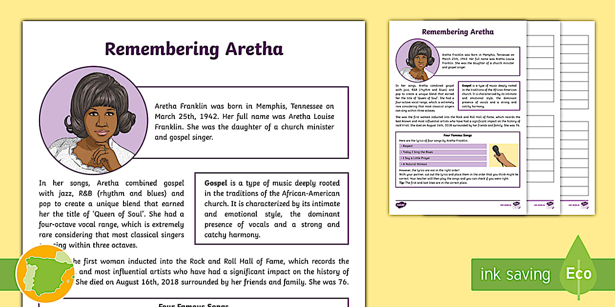 Remembering Aretha Franklin Worksheet - Twinkl