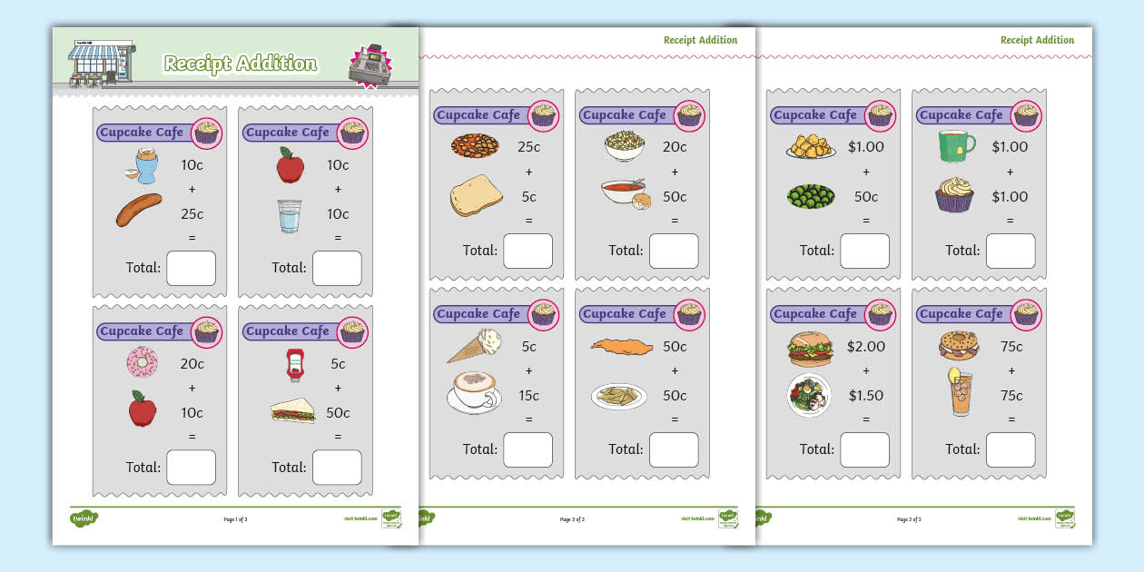 Receipt Addition Maths Worksheet / Worksheet Pack - Twinkl