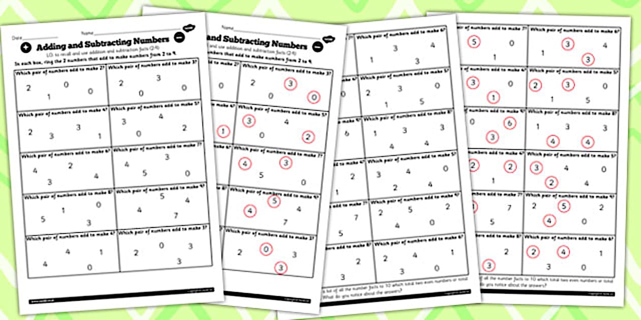 Number Facts Finding Pairs Worksheet 2-9 - Twinkl