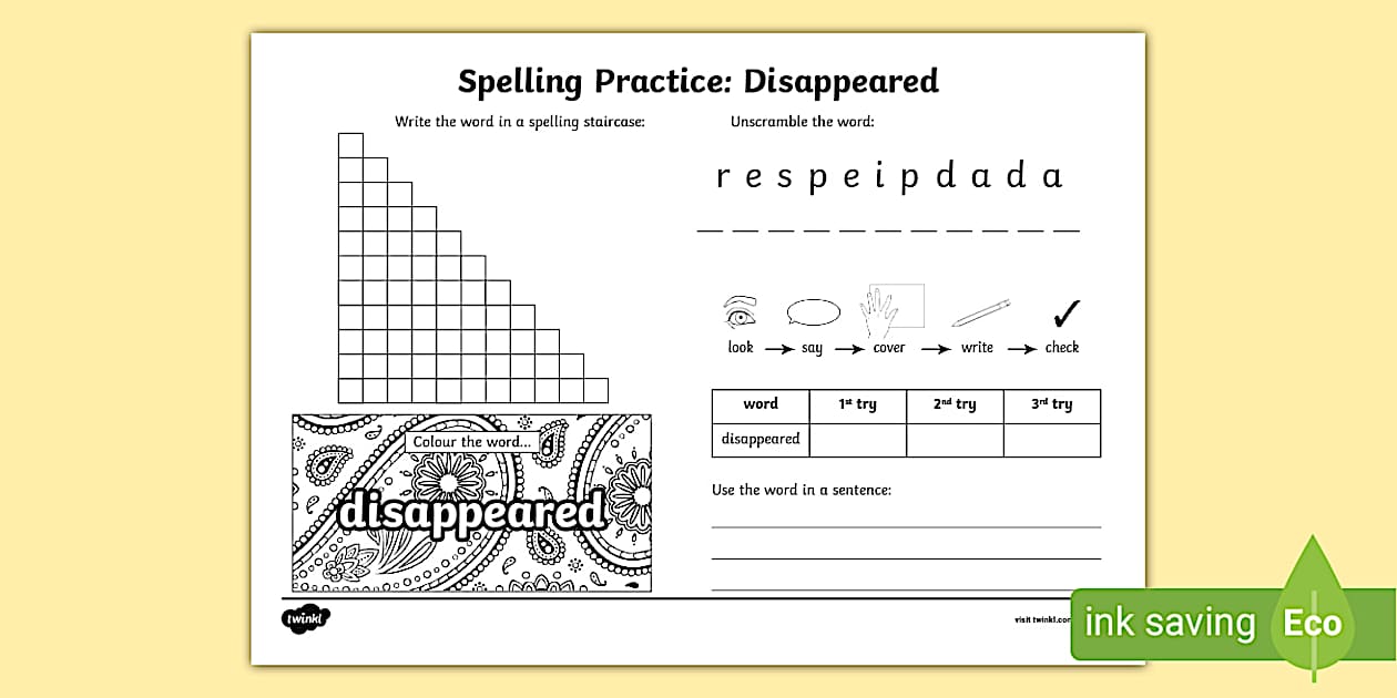 Disappeared Spelling Practice Worksheet (Teacher-Made)