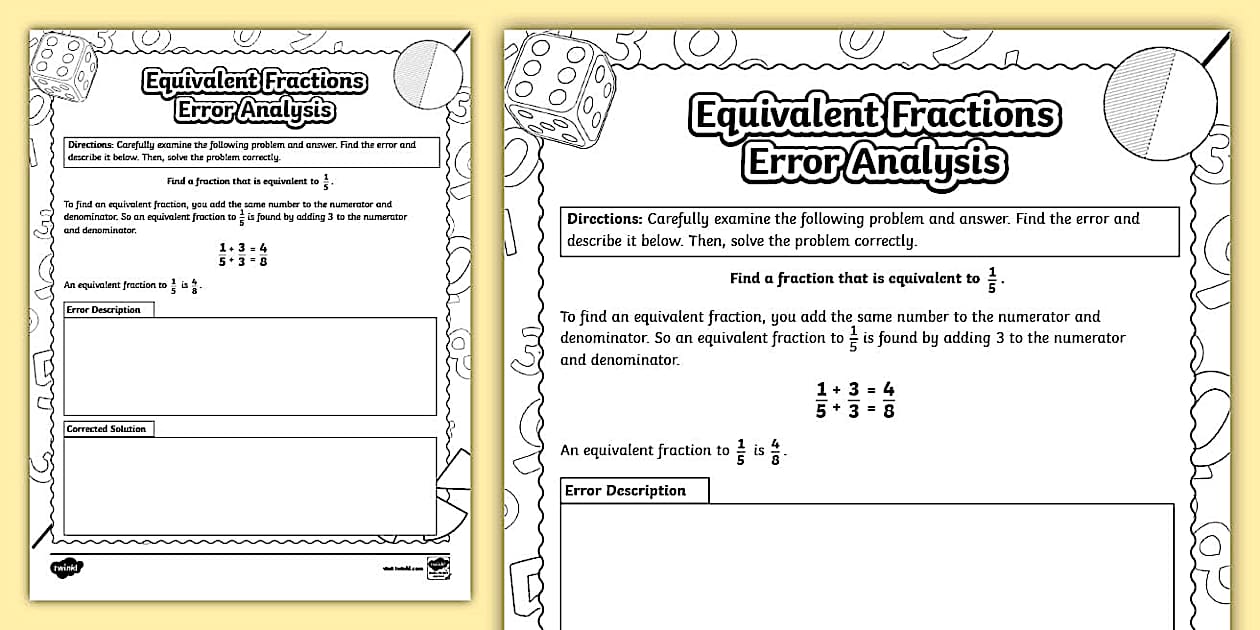 Third Grade Equivalent Fractions Error Analysis Worksheet
