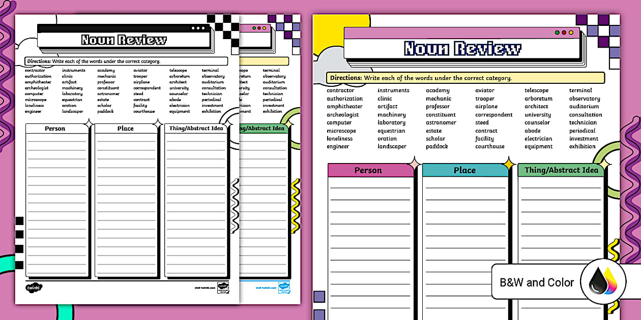 Eighth Grade Noun Review Worksheet (Teacher-Made) - Twinkl