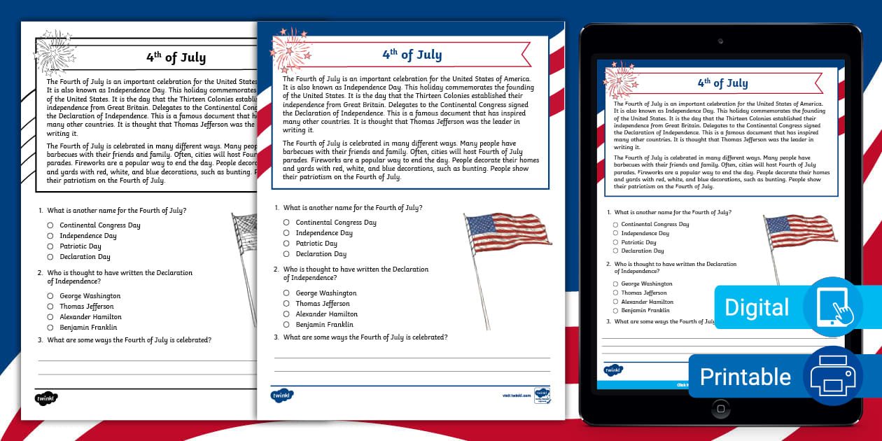 Fourth Grade 4th of July Reading Passage Comprehension