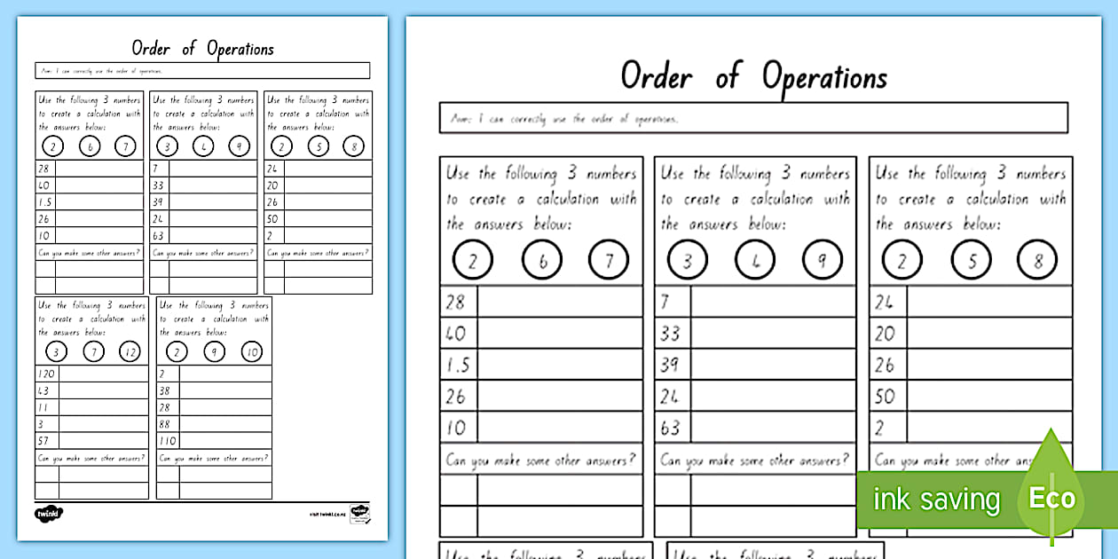 Order of Operations BEDMAS Worksheet (teacher made) - Twinkl