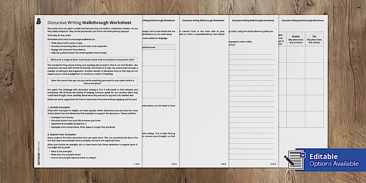 Discursive Writing Walkthrough Worksheet (teacher made)