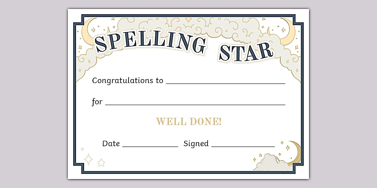 Celestial-Themed Spelling Star Certificate - Twinkl
