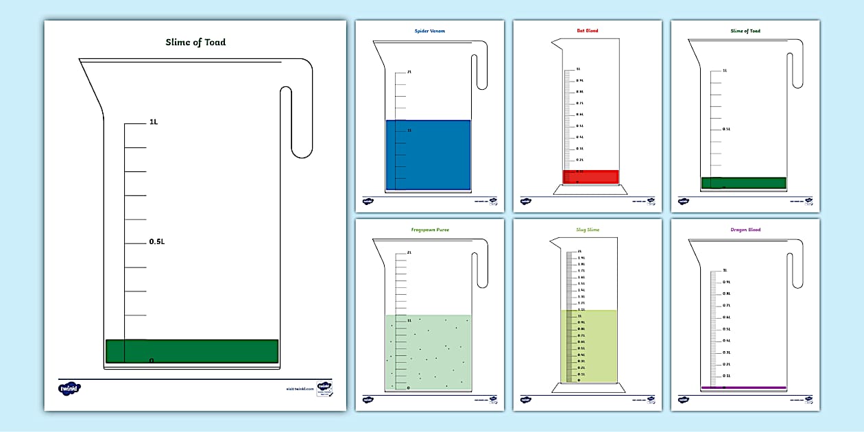 Magic Measuring: Reading Liter Scales Worksheet - Twinkl