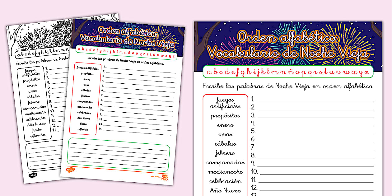 Ficha de actividad: Orden alfabético - Vocabulario de Nochevieja