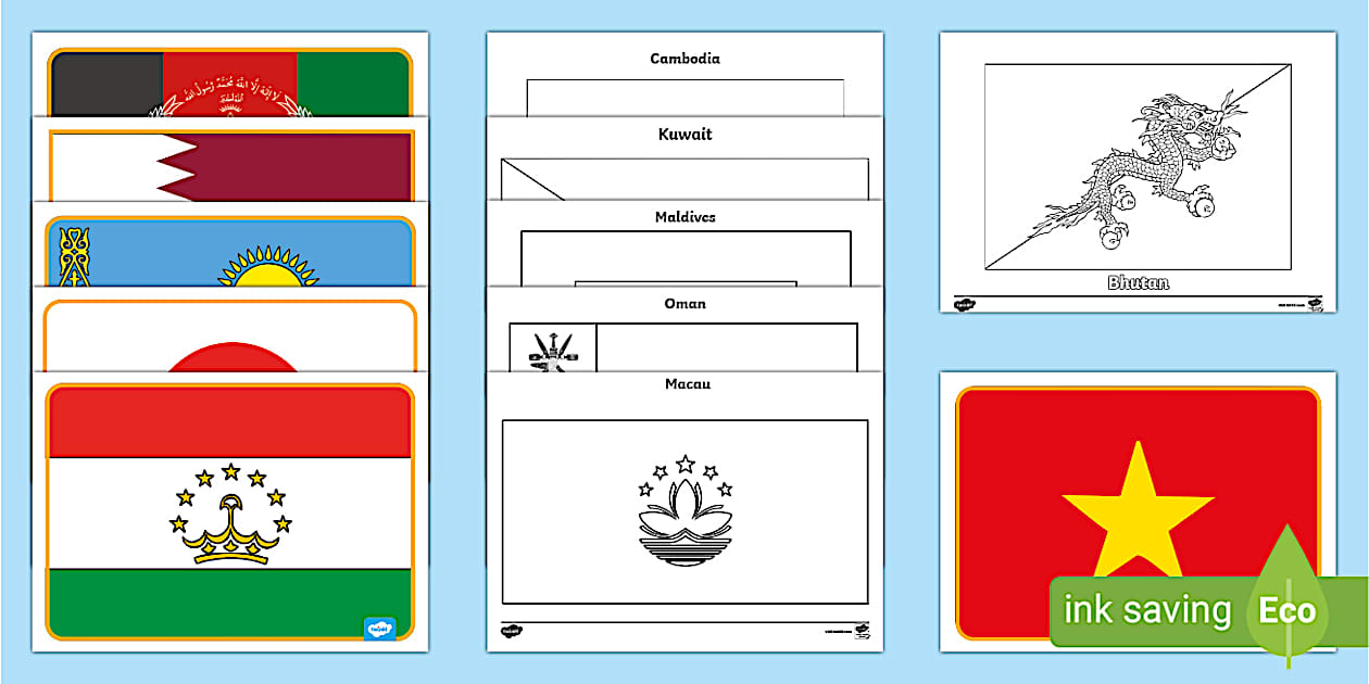 Asian Countries Flag Posters and Colouring Display Pack