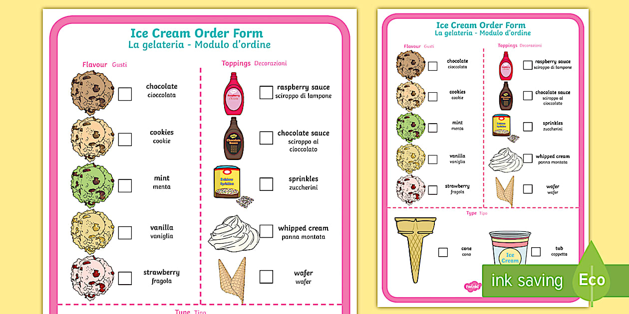 Ice Cream Parlour Order Form Role Play English/Italian