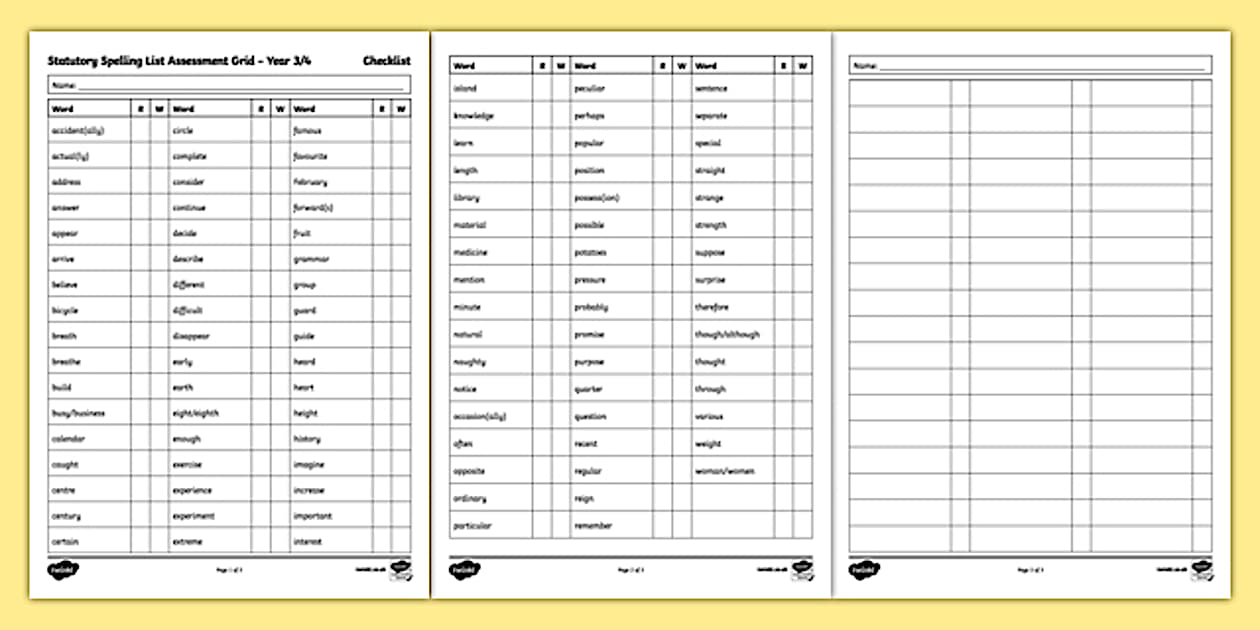 Editable Statutory Spelling List Assessment Grid Year 3, 4