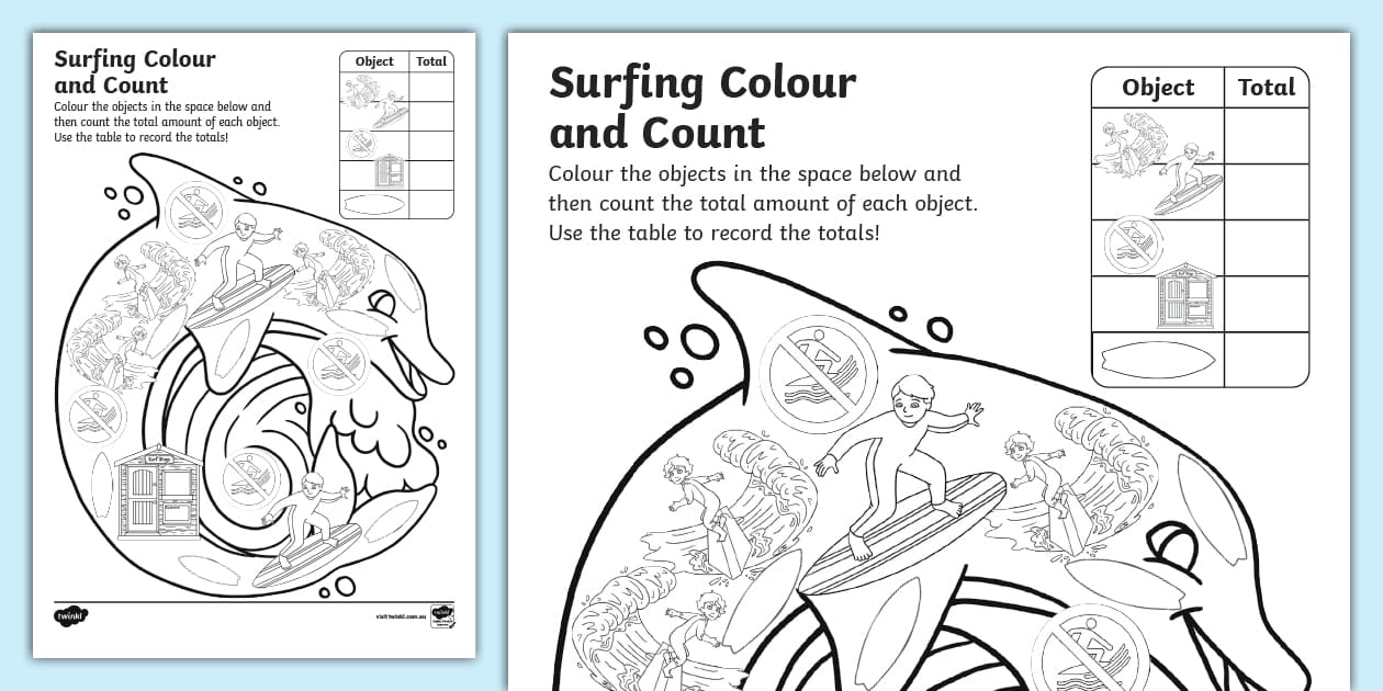 Surfing Colour and Count Worksheet (Teacher-Made) - Twinkl