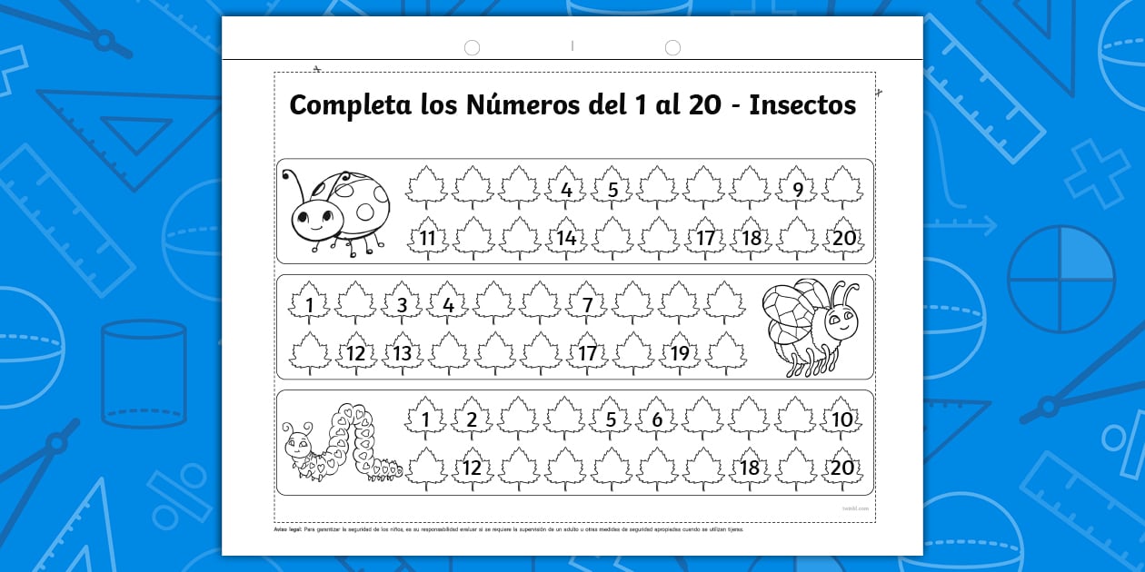 Guía de Trabajo: Completa los Números del 1 al 20 - Insectos