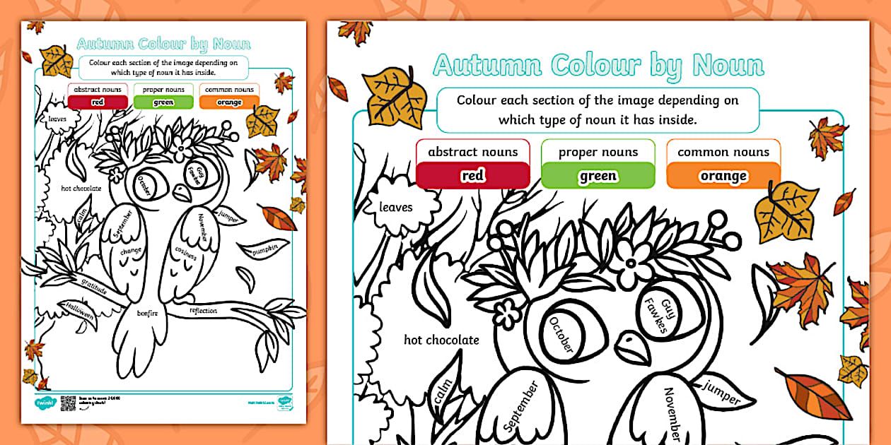 KS1 Autumn Themed Colour by Noun Worksheet (teacher made)