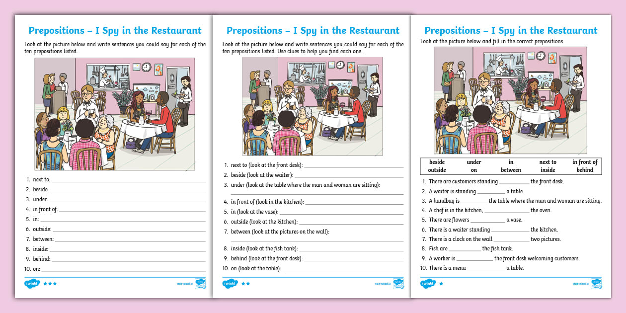 Prepositions I Spy in the Restaurant Worksheets