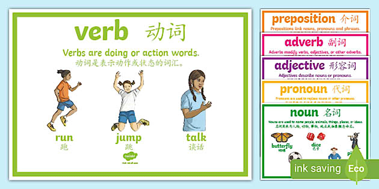 Type Of Words Display Posters - English/Mandarin Chinese