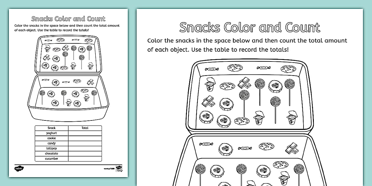 Snacks Color and Count Worksheet (teacher made) - Twinkl
