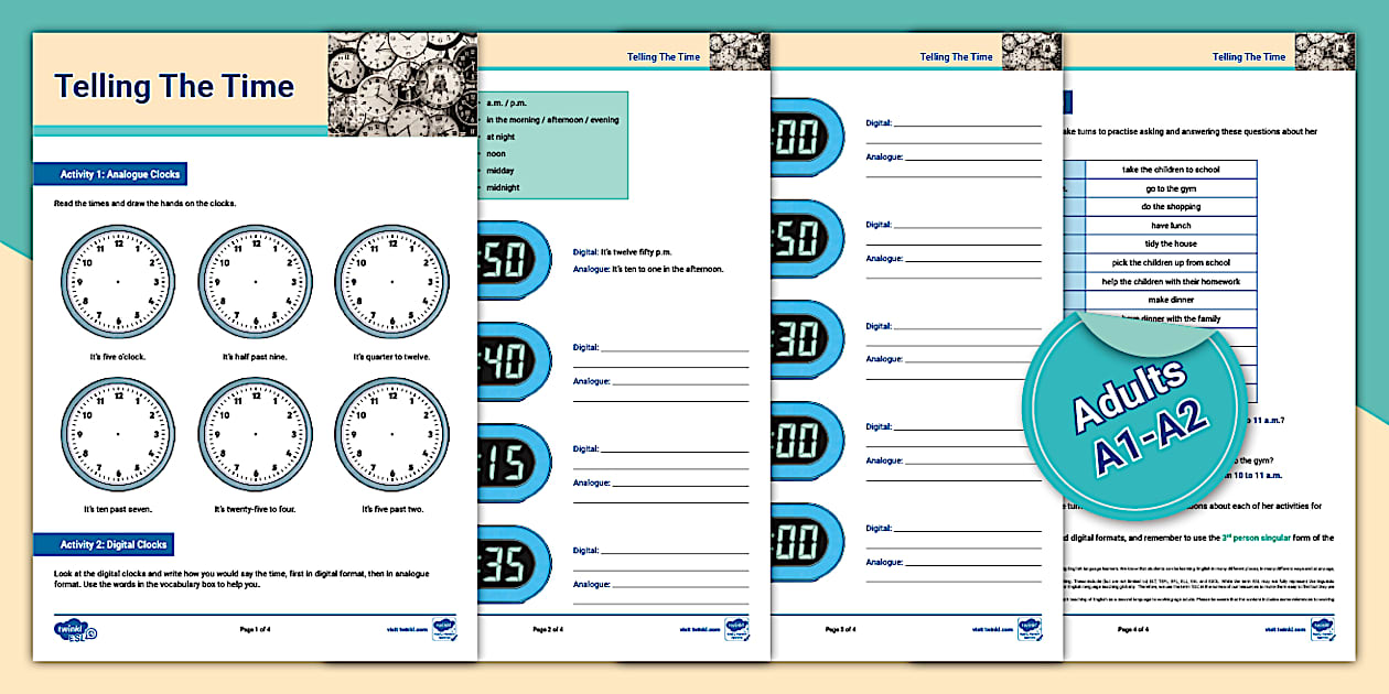 ESL Telling The Time Activity Sheet [Adults, A1-A2] - Twinkl