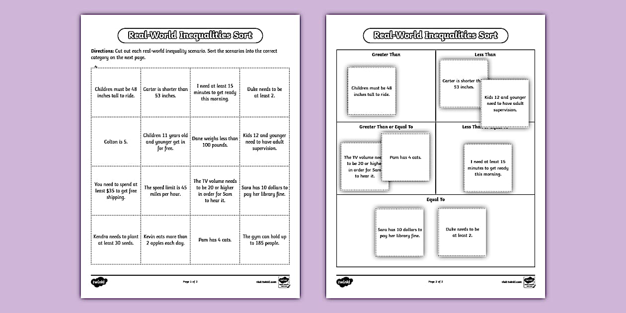 Sixth Grade Real World Inequalities Sort Teacher Made
