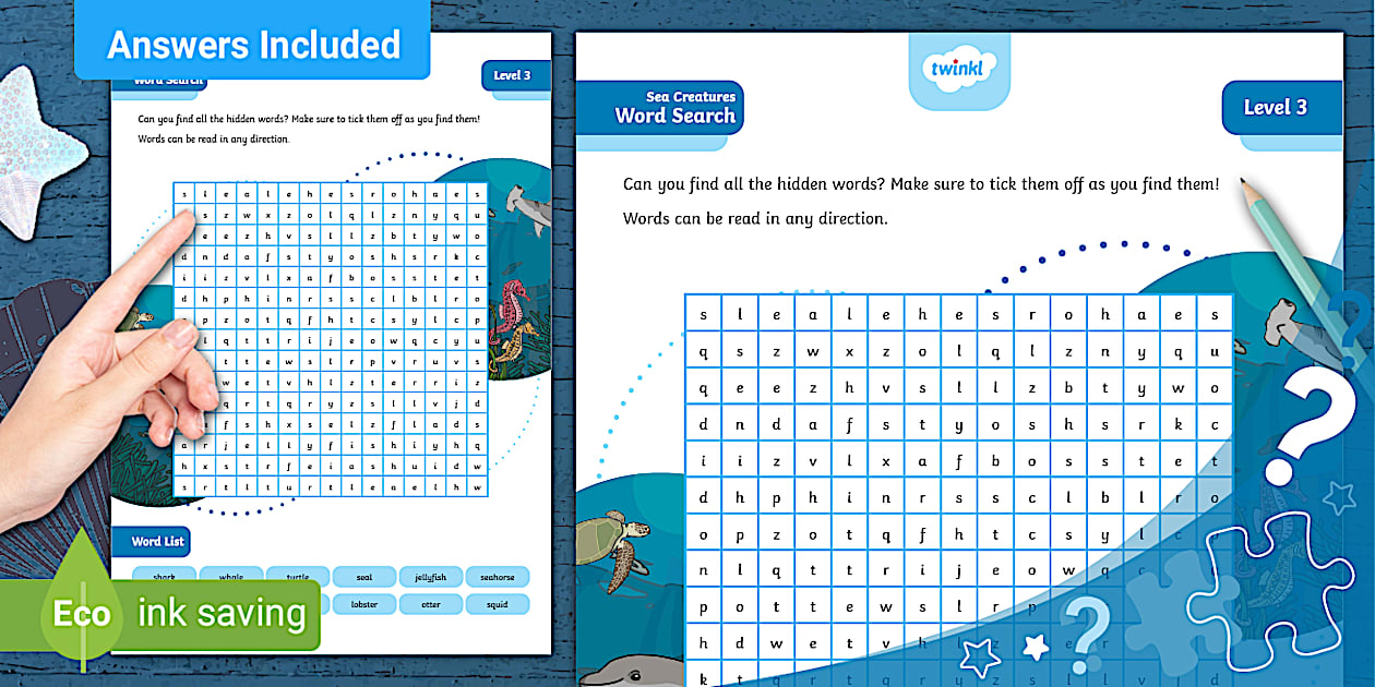 Sea Creatures Fun Word Search Puzzle – L3 - Twinkl