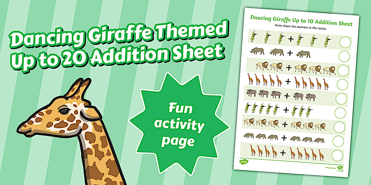 Dancing Giraffe Themed Up to 20 Addition Sheet
