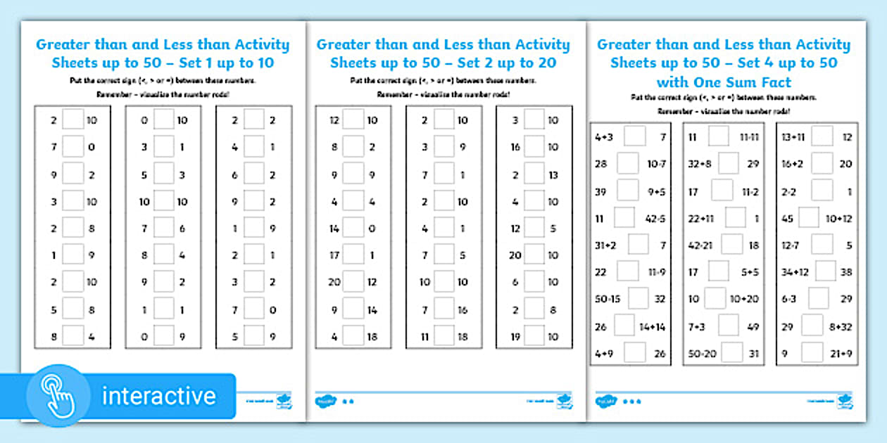Greater Than and Less Than up to 50 Activity Sheets - Twinkl