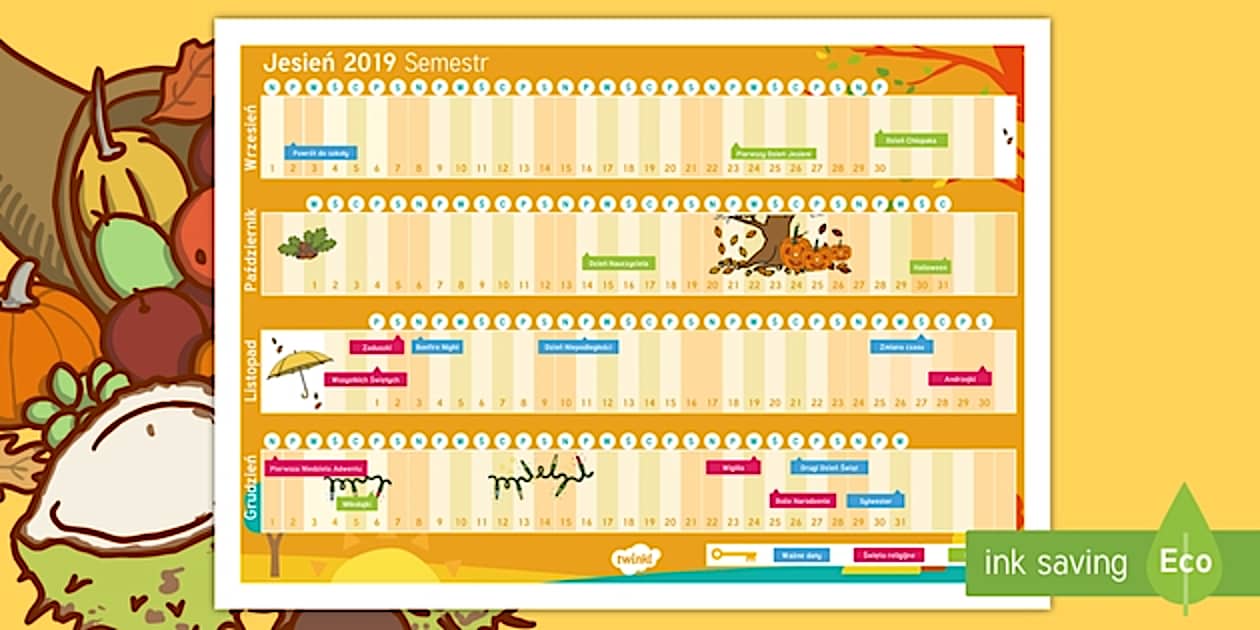 Semestr Jesienny Kalendarz 2019 (teacher made) - Twinkl