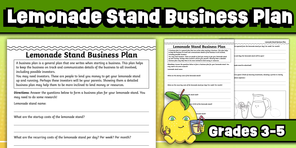 Lemonade Stand Business Plan Template | Summer Worksheet