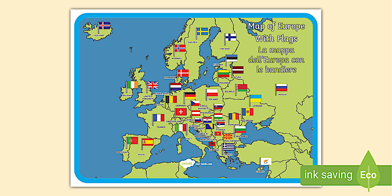 Map of Europe with Flags Display Poster English/Italian - Map of Europe ...