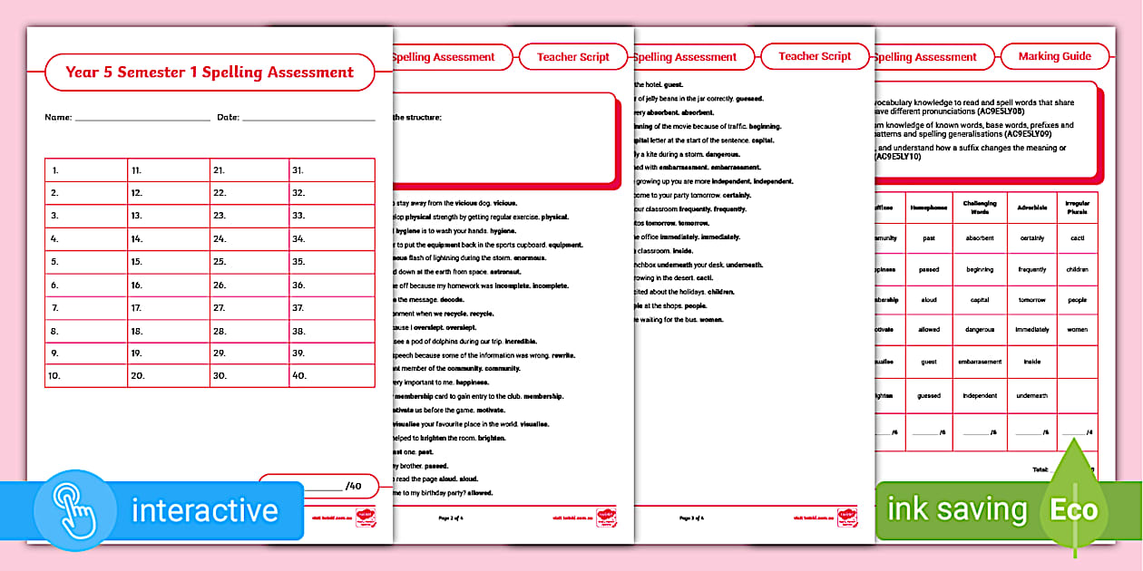 Year 5 Semester 1 Spelling Assessment (Teacher-Made)