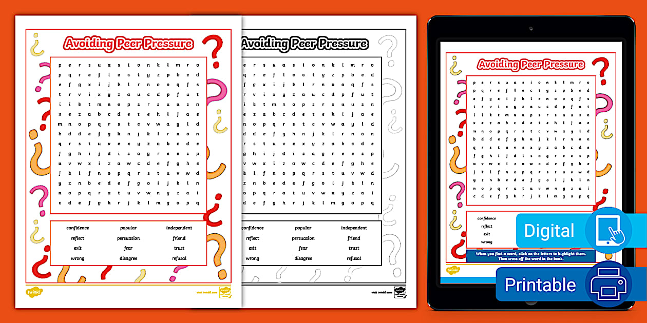 Avoiding Peer Pressure Word Search for 3rd-5th Grade