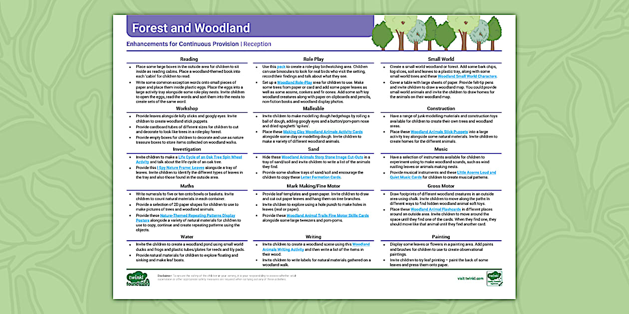 EYFS Forest & Woodland Continuous Provision Ideas Reception