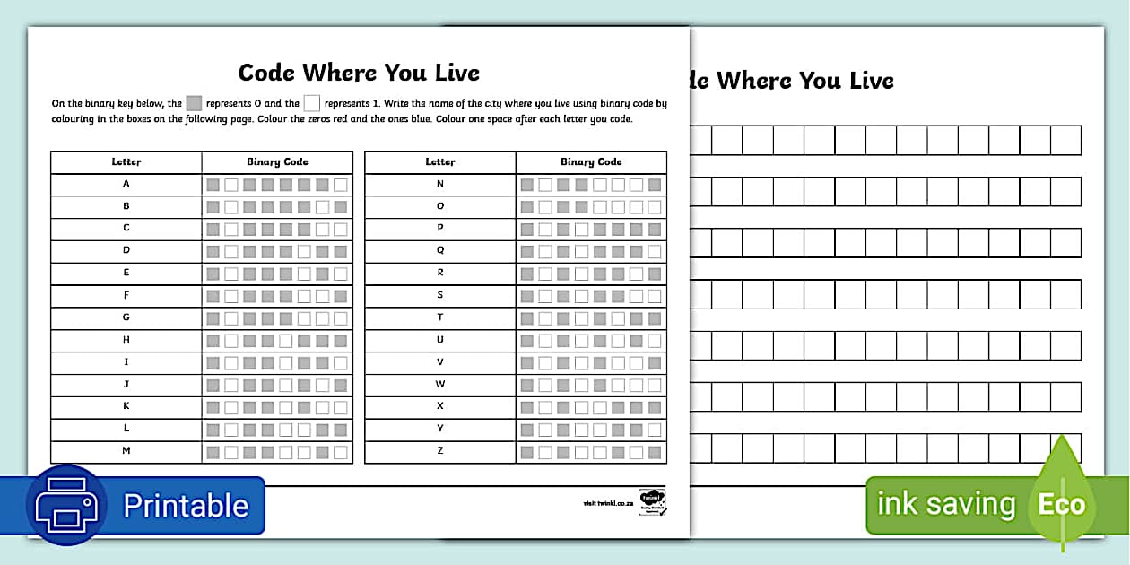 Binary Alphabet Worksheet | Code Where You Live - Twinkl