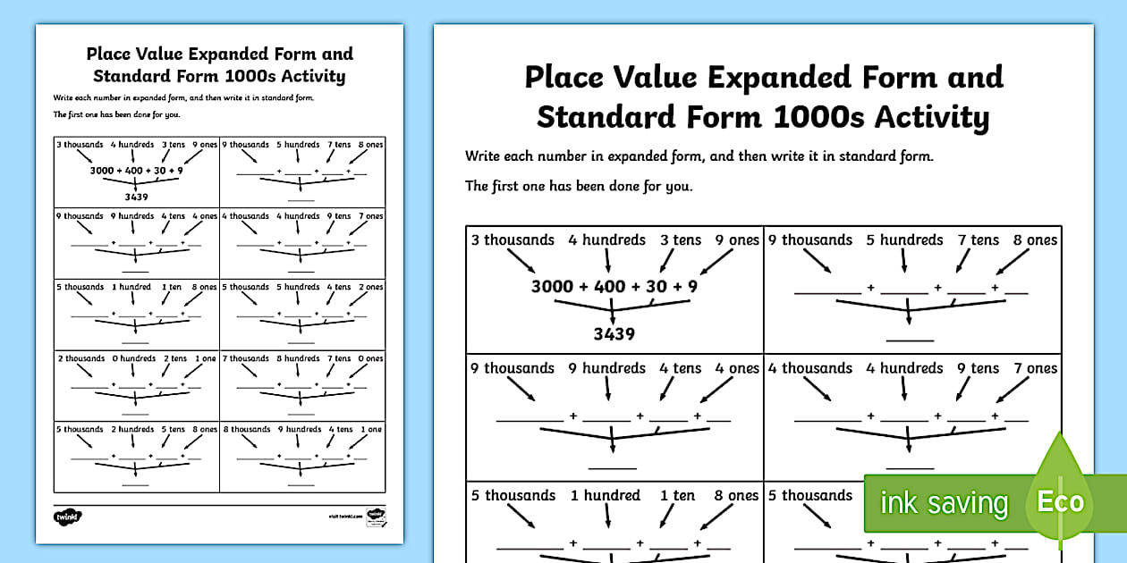 Place Value Expanded Form and Standard Form 1000s Worksheet
