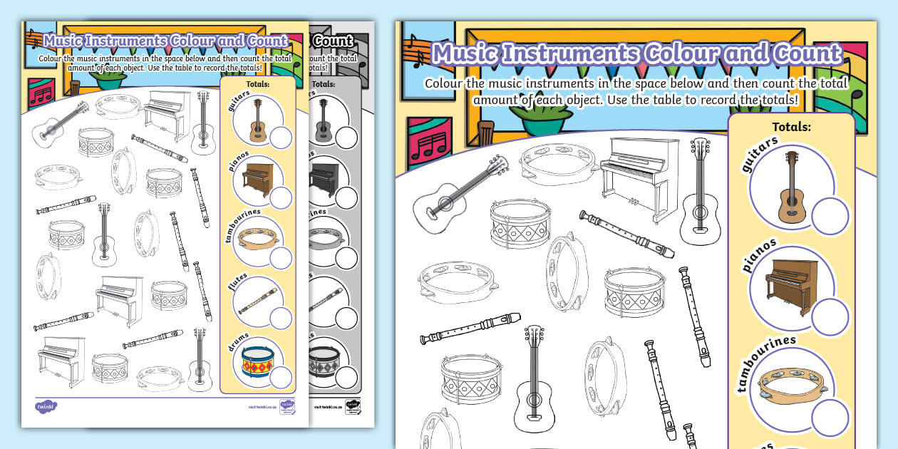 Music Instruments Colour and Count Worksheet (teacher made)