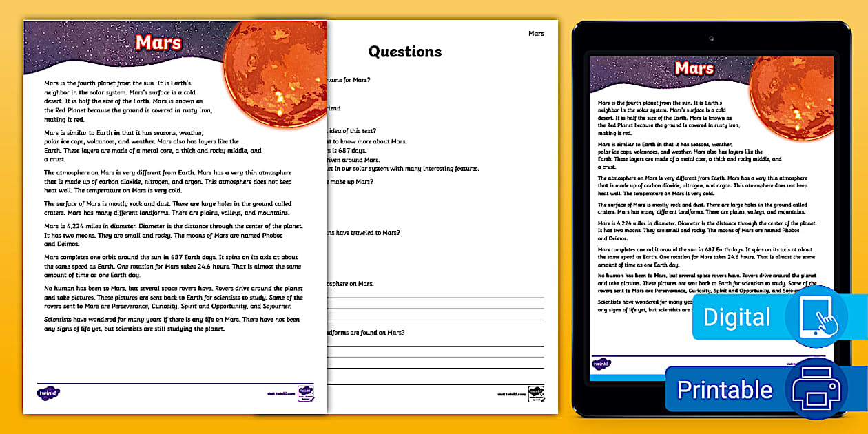 Third Grade Mars Reading Comprehension Worksheet - Twinkl
