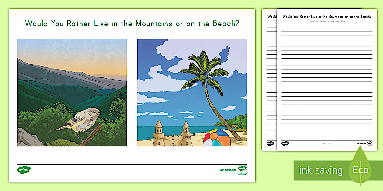 Beach Vs Mountains Essay Writing Activity | Twinkl USA