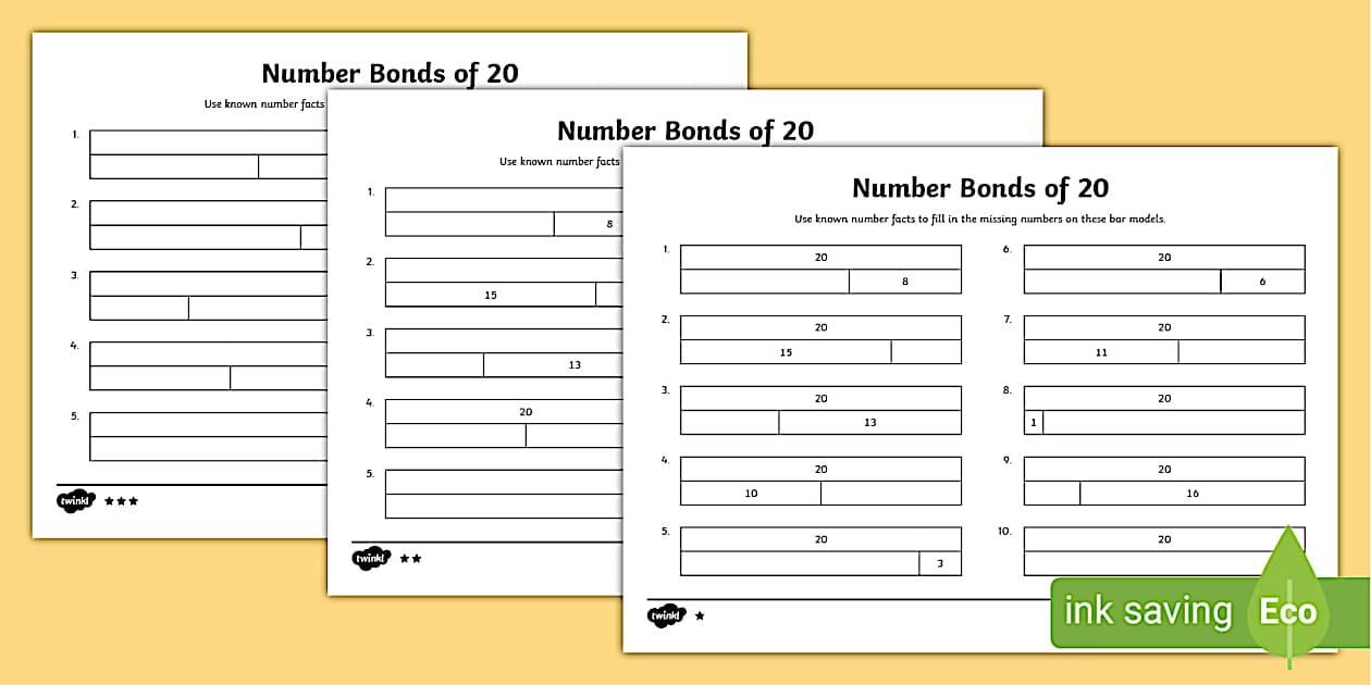Number Bonds to 20 Worksheets - 1st Grade Math Facts
