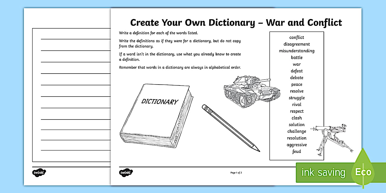 War and Conflict Create Your Own Dictionary Activity