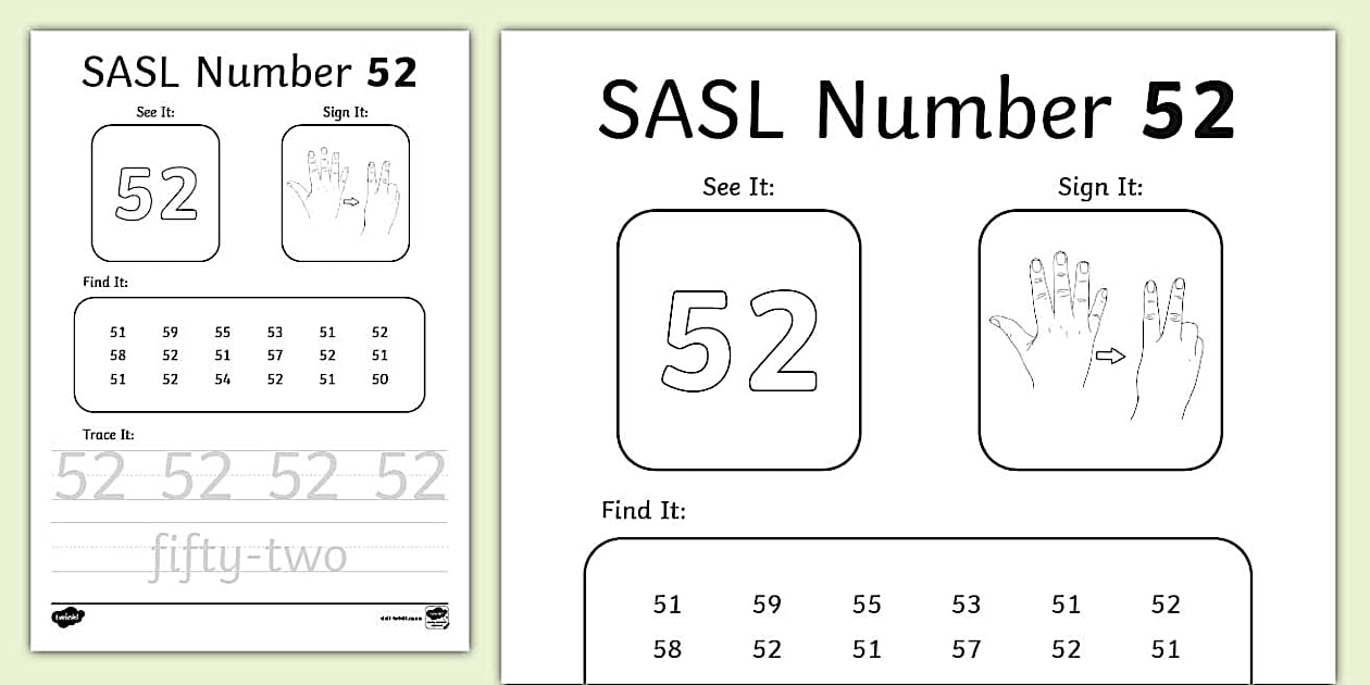 SASL Number 52 Activity Worksheet (Teacher-Made) - Twinkl