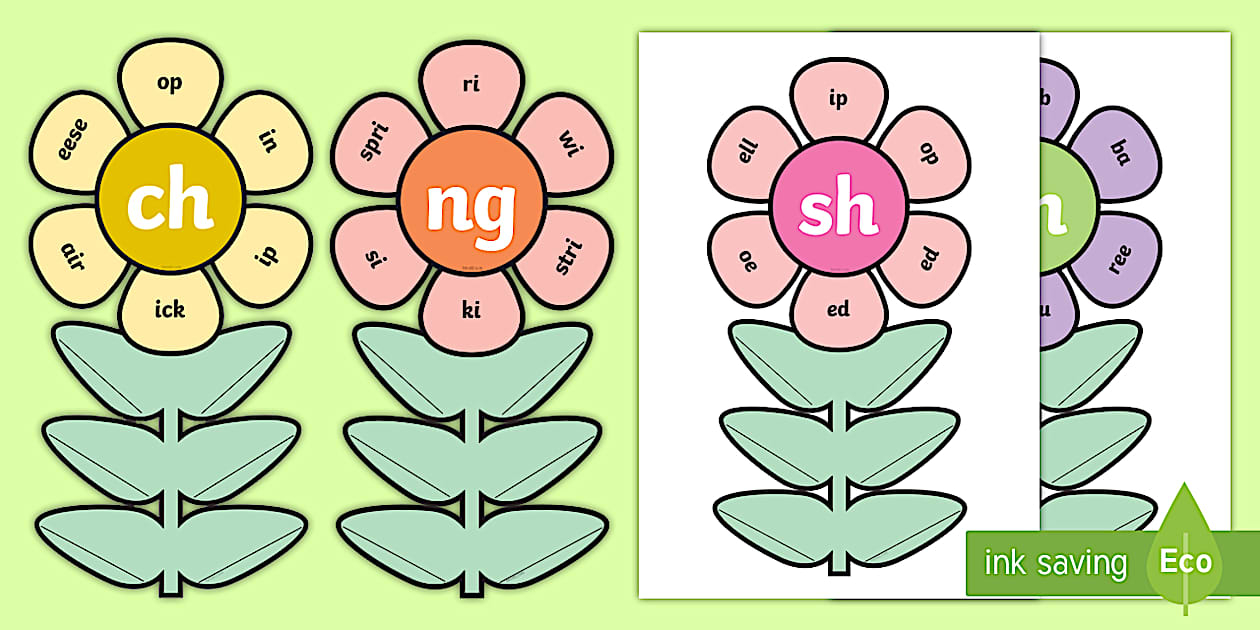 Phase 3 Digraphs 'ch', 'sh', 'th' and 'ng' Flowers Worksheet - - Phase 3