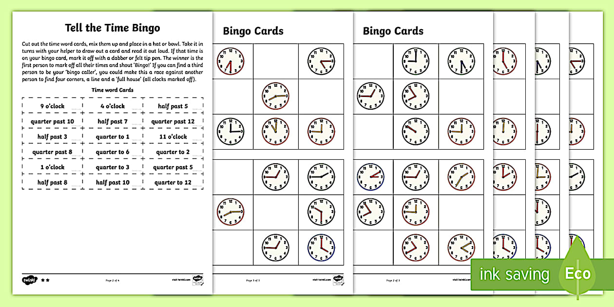 Year 2 Maths Tell the Time Bingo Homework Worksheet / Worksheet