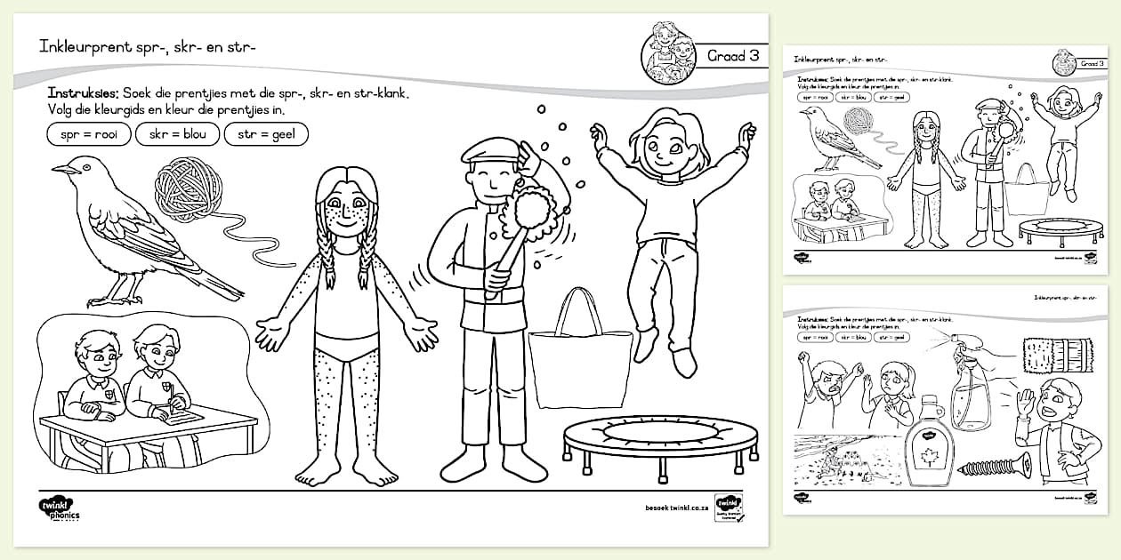 Graad 3 Klanke Hersiening Inkleurprent spr, skr en str