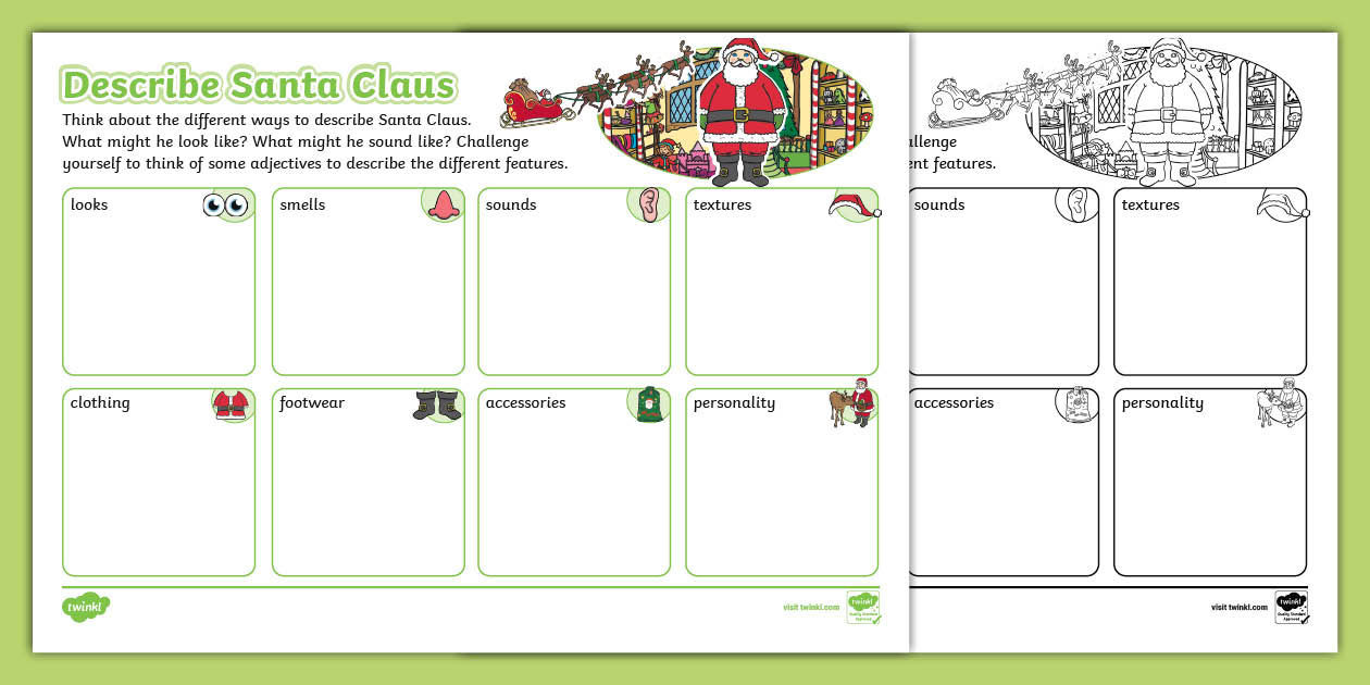 Describing Santa Claus Adjectives Worksheet - Twinkl