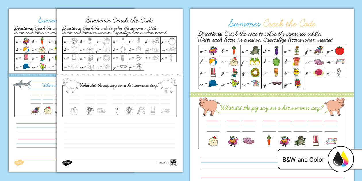 Summer Cursive Crack the Code Worksheet (teacher made)