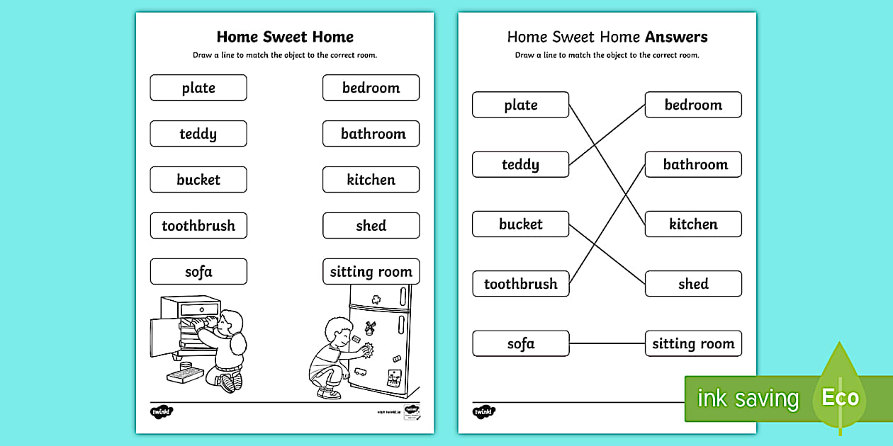 Home Sweet Home Word Matching Worksheet / Worksheet - Twinkl