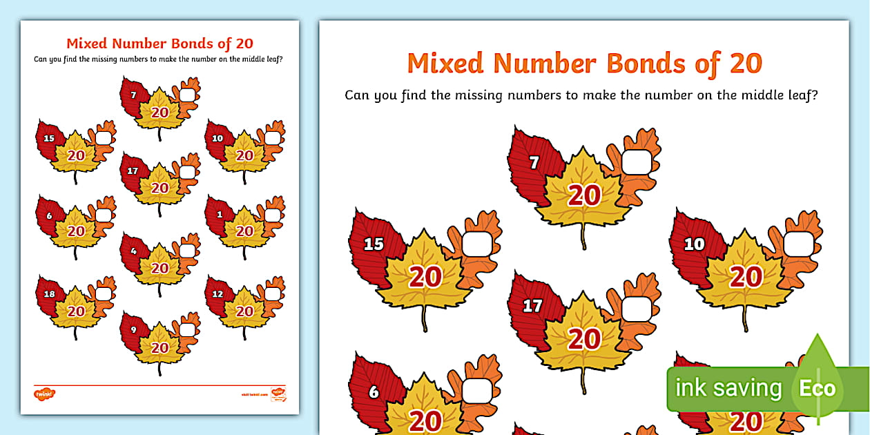 Mixed Number Bonds to 20 Worksheet / Worksheet - Twinkl