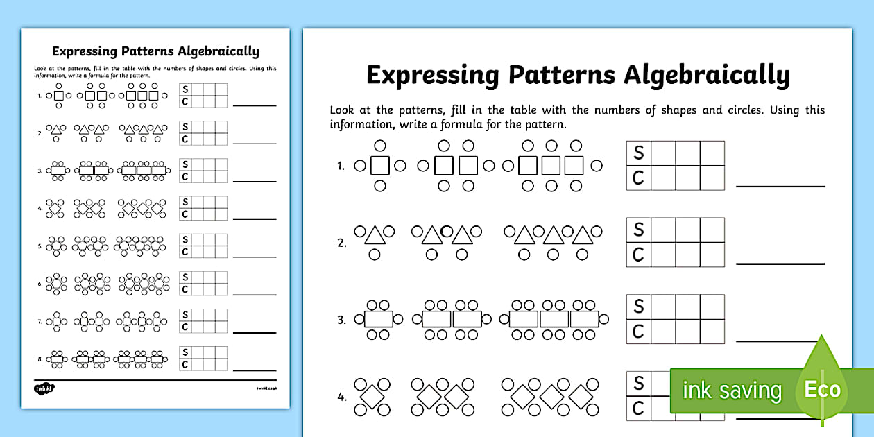 Expressing Patterns Algebraically Worksheet / Worksheet