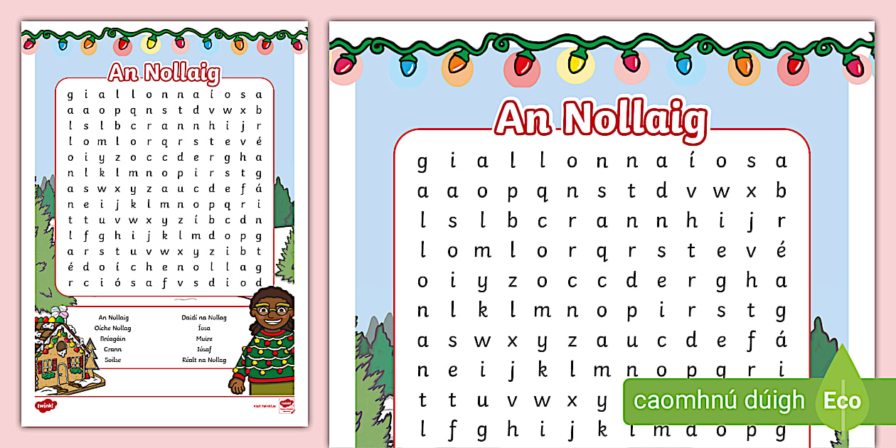 An Nollaig (Cuardach Focal). Christmas (Wordsearch).