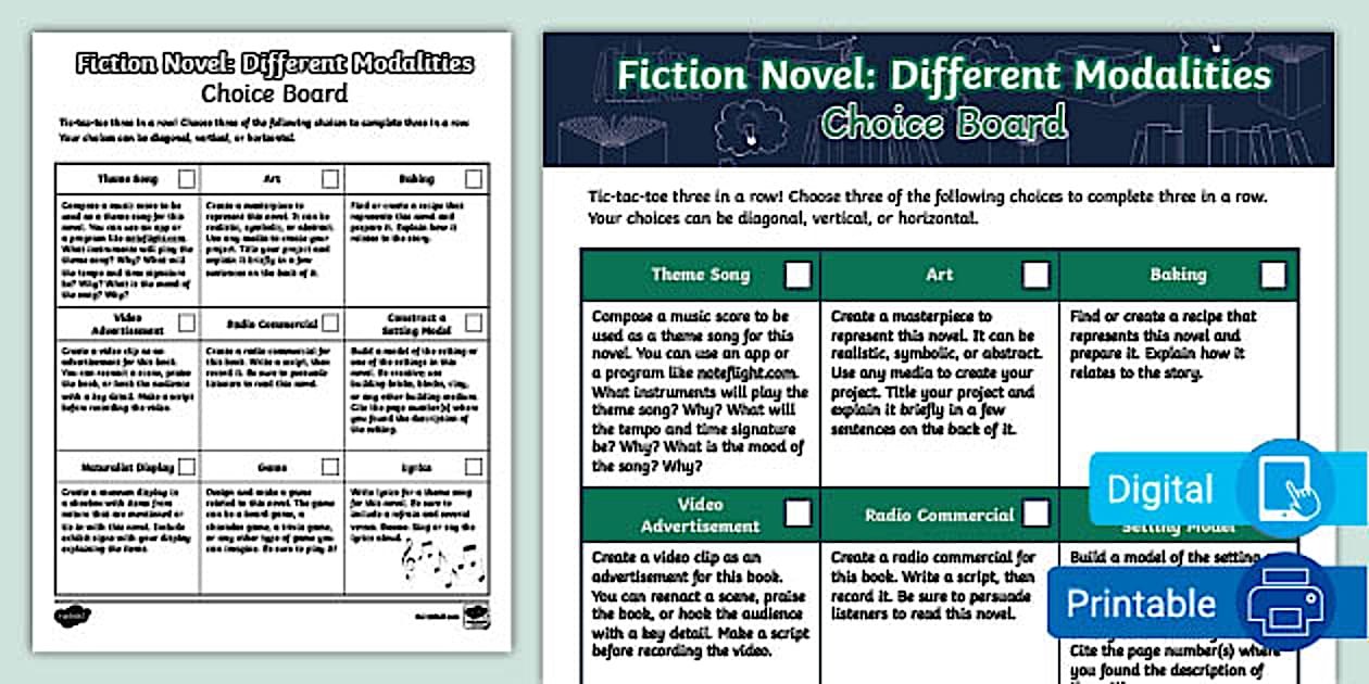Fiction Novel Choice Board: Different Modalities - Twinkl